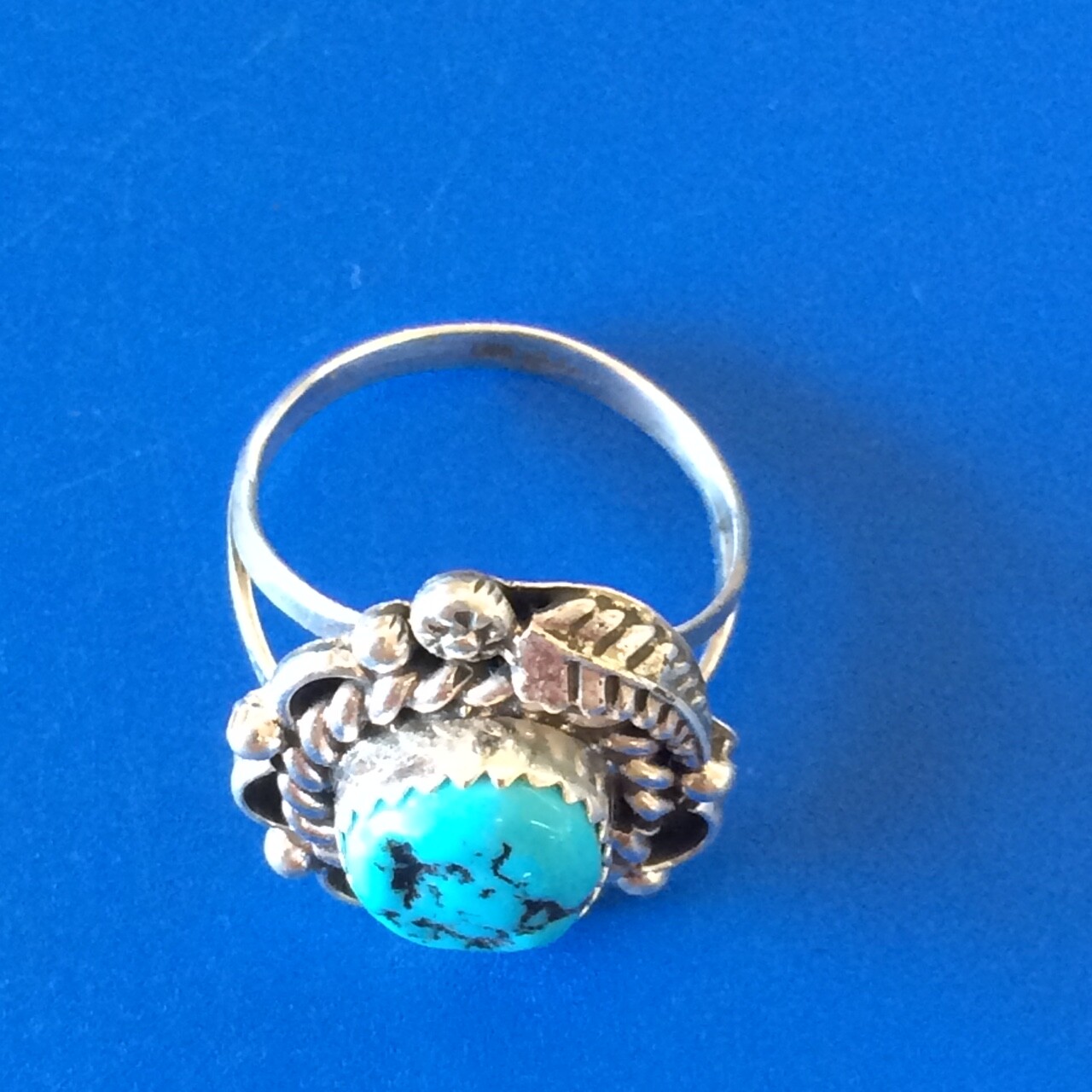 Native Ring Sterling Silver Blue Turquoise Flower Leaf Indian FREE ...