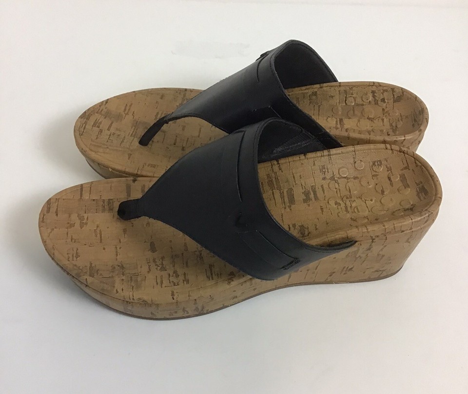 Vionic Cameron Thong Wedge Sandals Size 6 Black Cork Wedge Leather ...