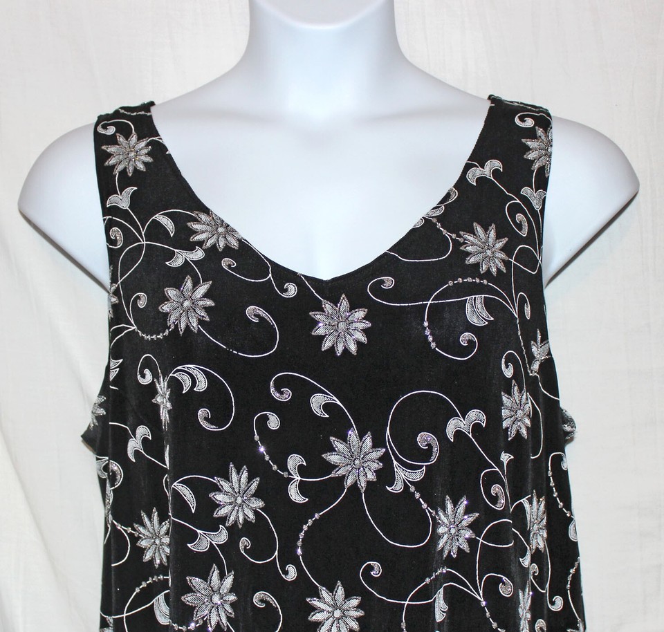 ONYX Nite Plus Sz 3X Black Silver Glitter Shell TOP Floral V-Neck Sparkle No Slv | eBay