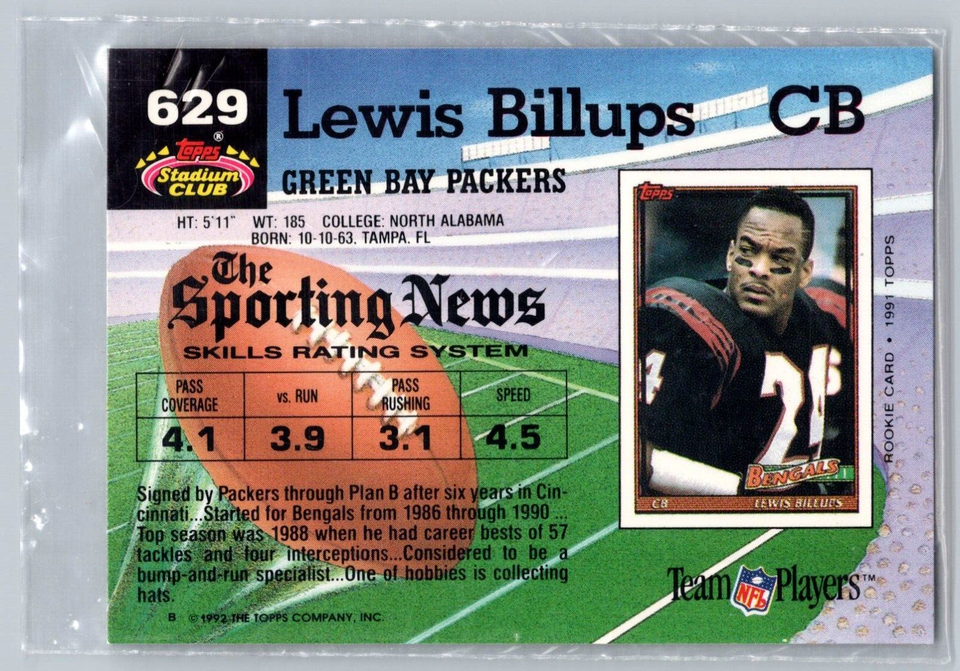 1992 TOPPS STADIUM CLUB CARD # 629 Lewis Billups - Green Bay Packers | eBay