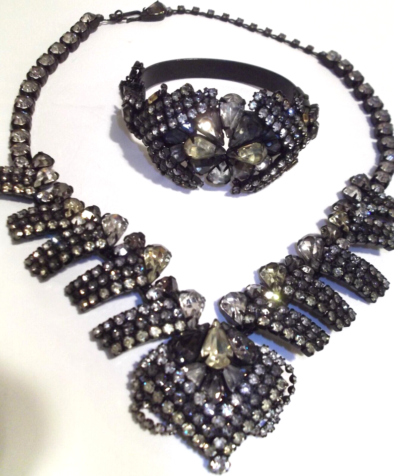 RARE VTG Signed HOBE' Rhinestone Necklace & Clamper Bracelet Set Black ...