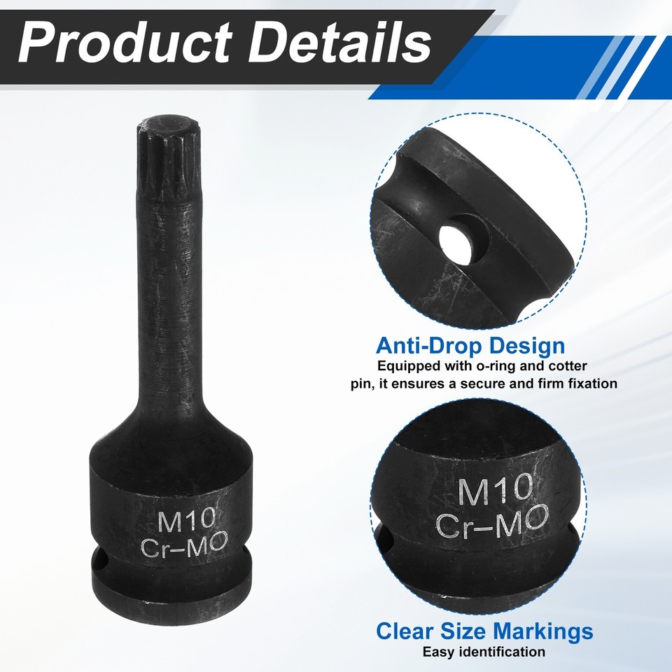 1/2" Drive M10 Triple Square Impact Spline Bit Socket 10mm CR-MO Steel ...