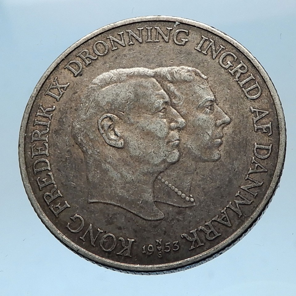 1953 DENMARK King Frederick IX & Queen Ingrid Silver GREENLAND MAP Coin ...