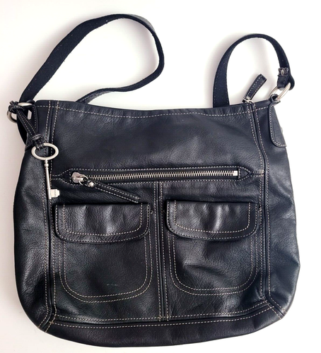 Fossil Black Leather Crossbody Bag Adjustable Straps With Key 15" x 13 ...