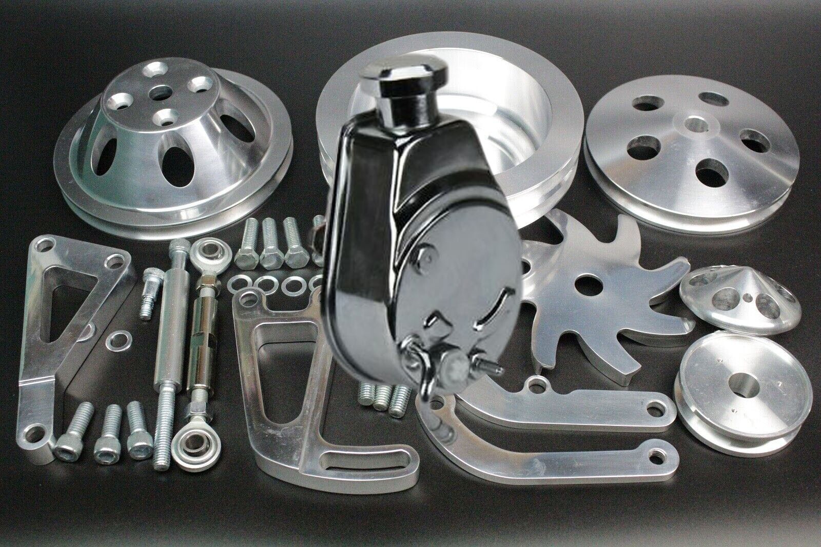 SBC Small Block Chevy 350 Pulley & Bracket Kit w/ Chrome Power Steering ...