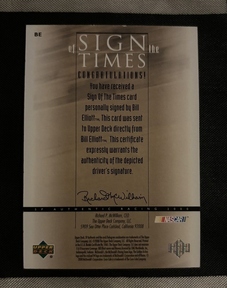 Bill Elliott 2000 Upper Deck Card Sign Of The Times Authentic Autograph ...
