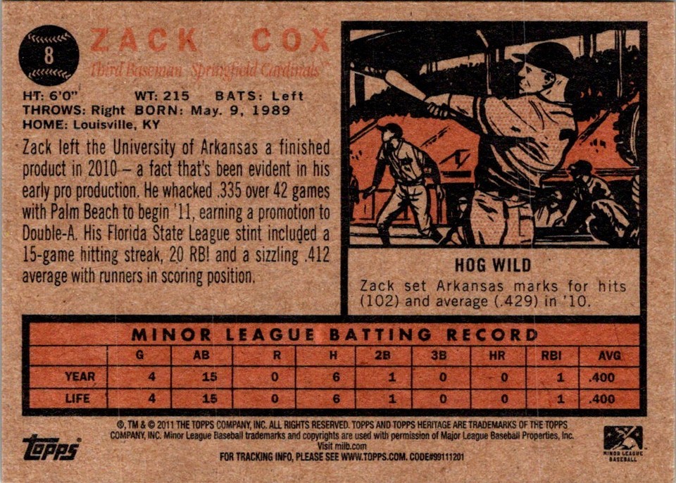 2011 Topps Heritage Minor League Zack Cox #8 Springfield Cardinals ...