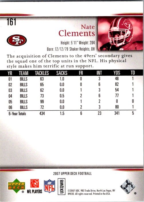 2007 Upper Deck #161 Nate Clements | eBay