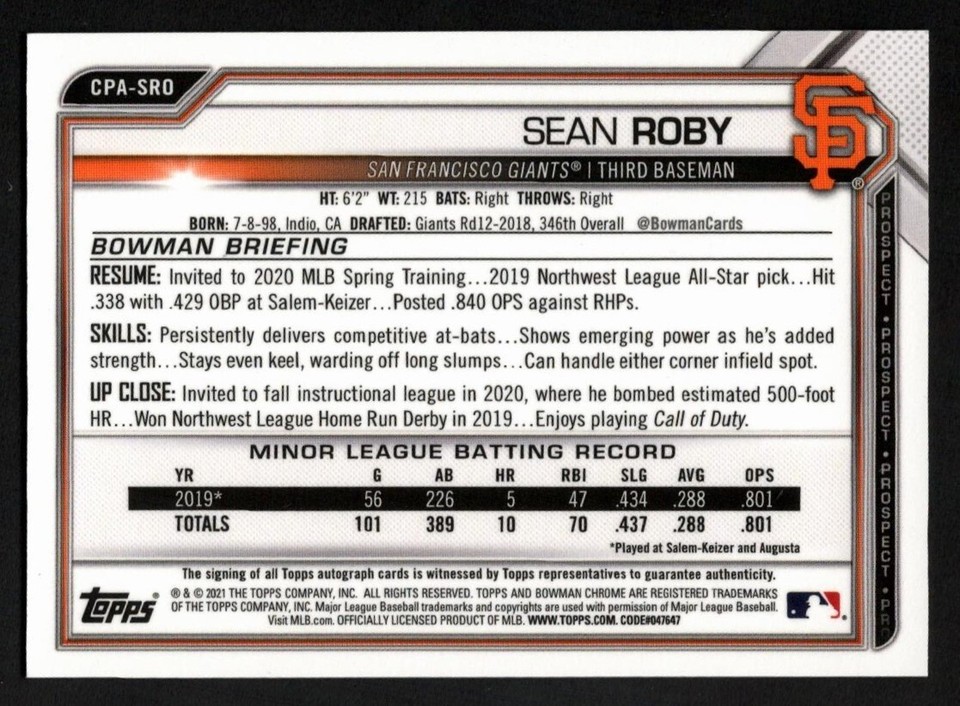 Sean Roby 2021 Bowman Chrome 1st Year Prospect Autograph San Francisco ...