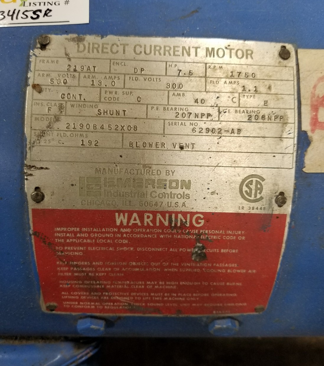 Emerson 7.5 DC Motor 2190B452X08 1750 RPM Tachometer Generator ...