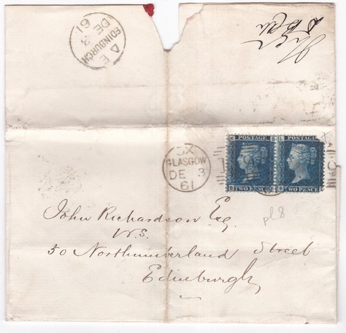 1861 QV TWO x 2d BLUE STAMPS PLATE8 1FAULT ON GLASGOW WRAPPER TO ...