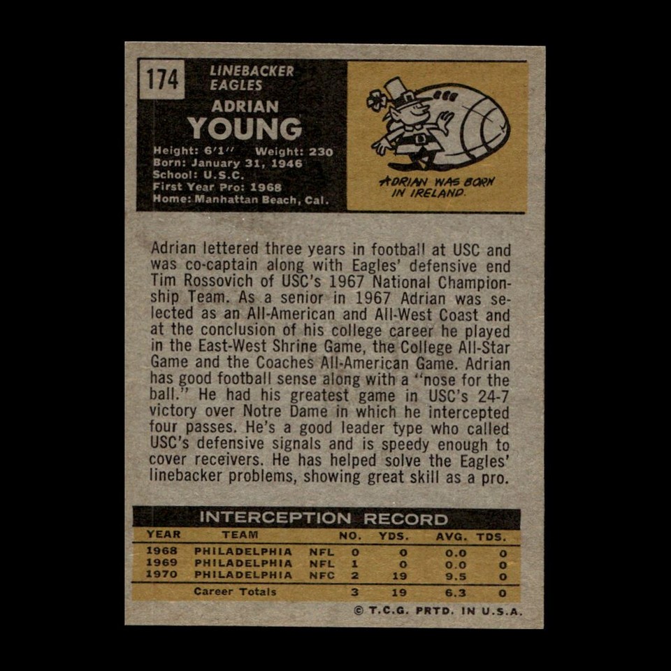 Adrian Young 1971 Topps Rookie Philadelphia Eagles #174 Vintage ...