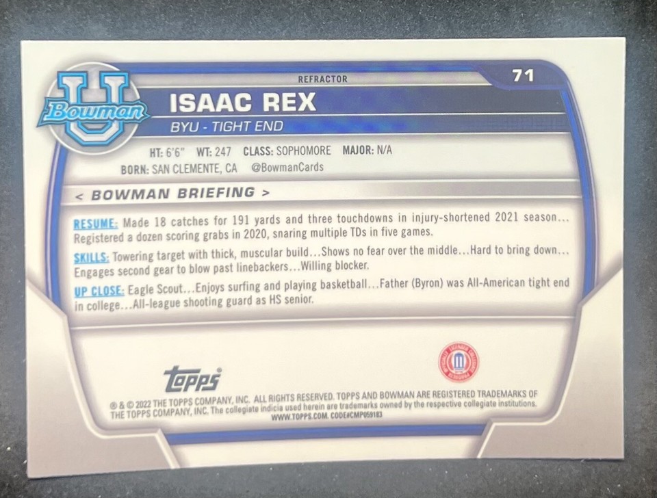 Isaac Rex Rookie 2022 Topps 1st Bowman Chrome Refractor U RC BYU | eBay