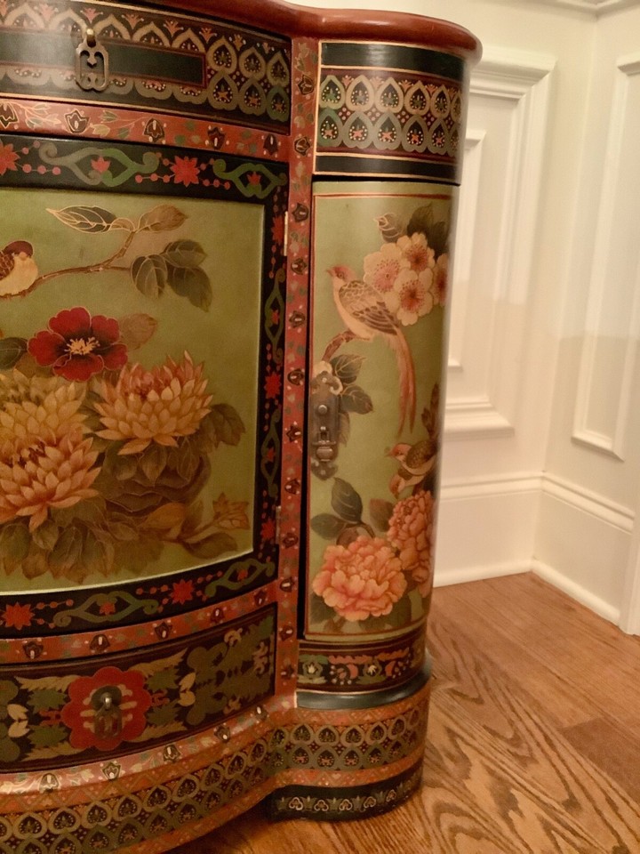ASIAN Chinese MCM Painted Bird Console Table CABINET Credenza Storage Floral VTG | eBay