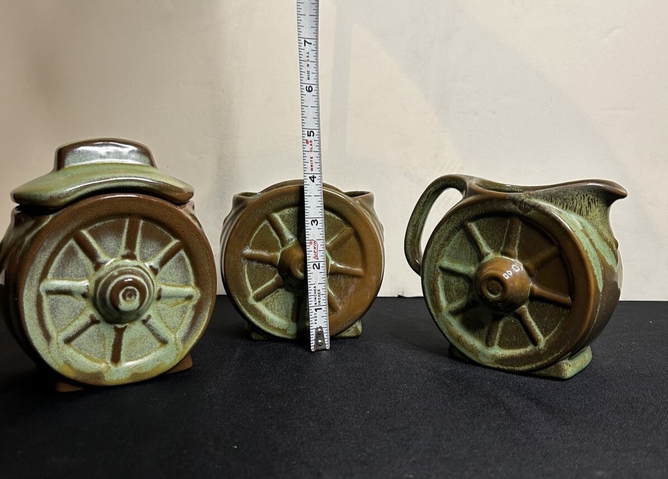 Vintage Frankoma Prairie Green Wagon Wheel Tea Pot, Creamer and Sugar ...