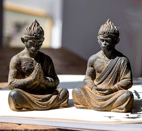 2 Pcs 6" Cast Iron Rust Monkey Buddha Statue Meditation Buddhism Zen ...