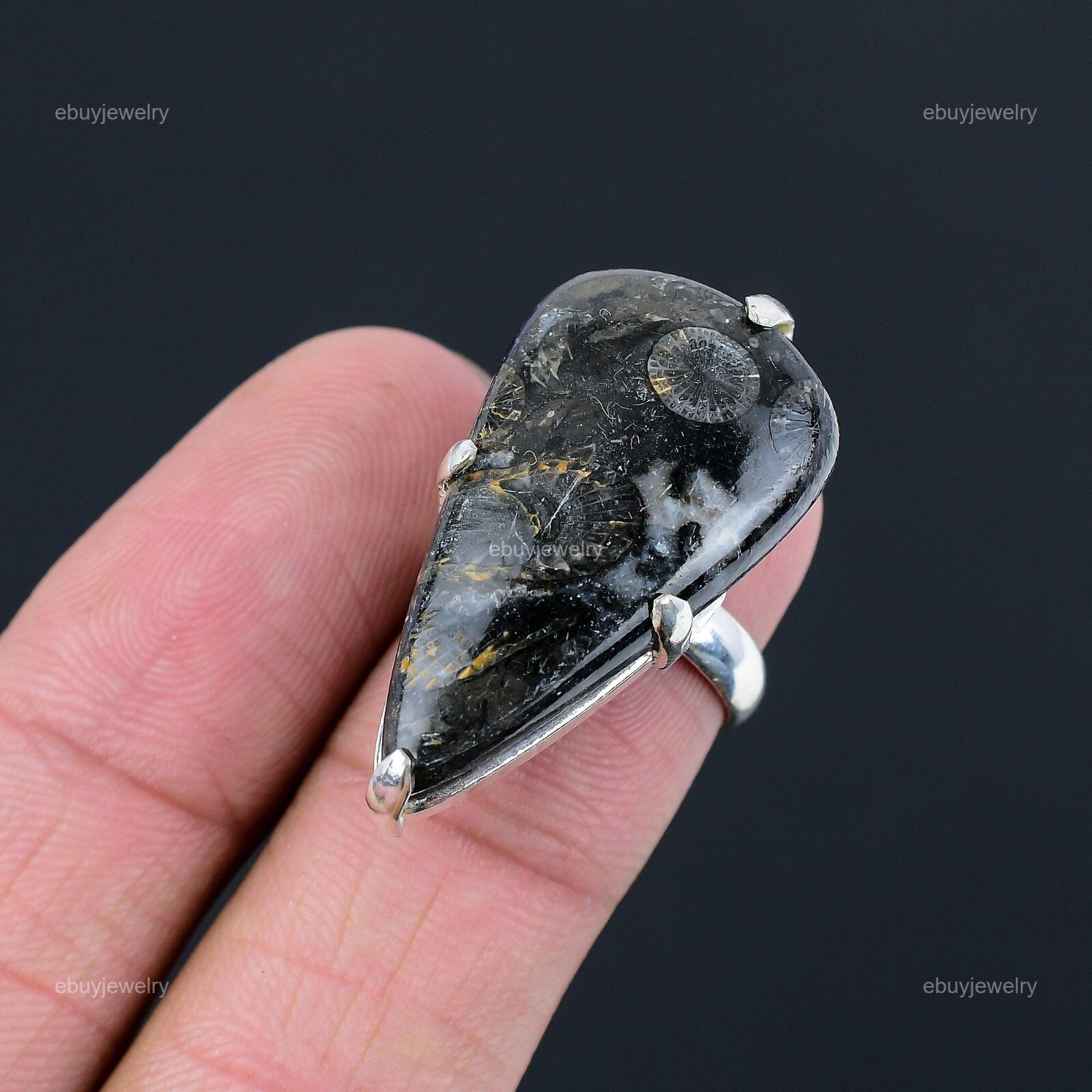 Natural Black Fossil Coral Gemstone Statement Ring Size 6 925 Silver ...
