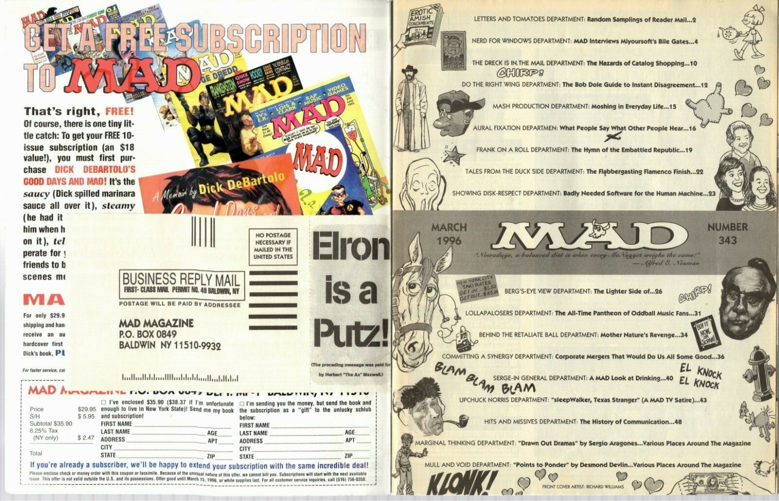 1996 (March) Mad Magazine #343 Friends Milk, Clinton/Dole, Bill Gates ...