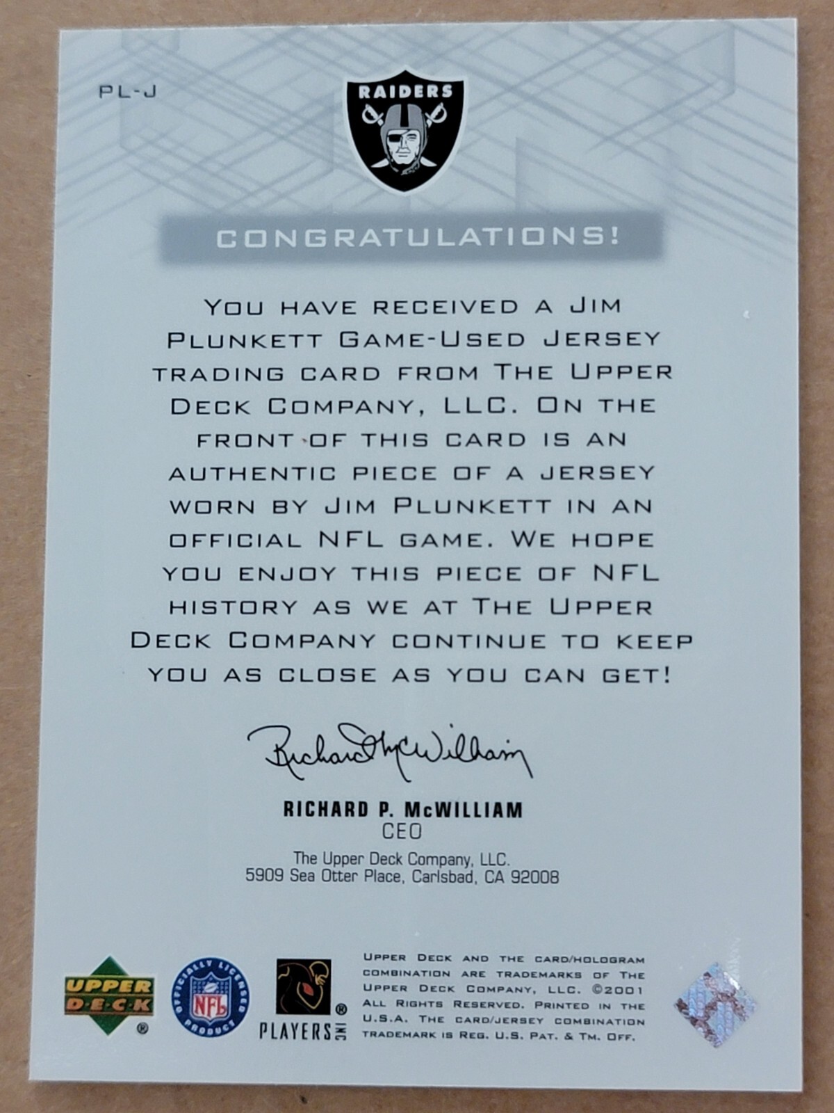 2001 Upper Deck Pros & Prospects Jim Plunkett Game Used Jersey #PL-J | eBay