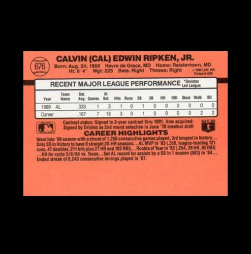 1990 Donruss CAL RIPKEN JR All Star #676 Baltimore Orioles. Error Card ...