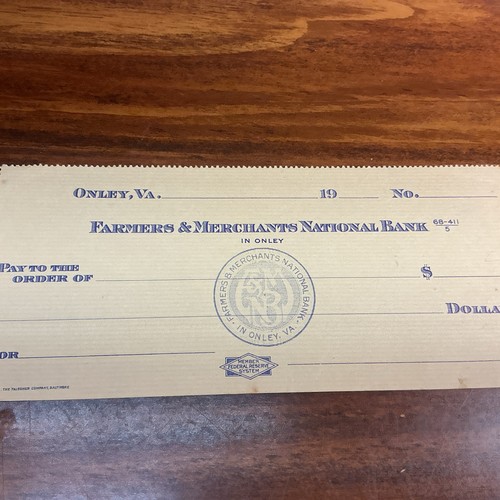 Vintage Check Farmers And Merchants Bank Onley, Va | eBay