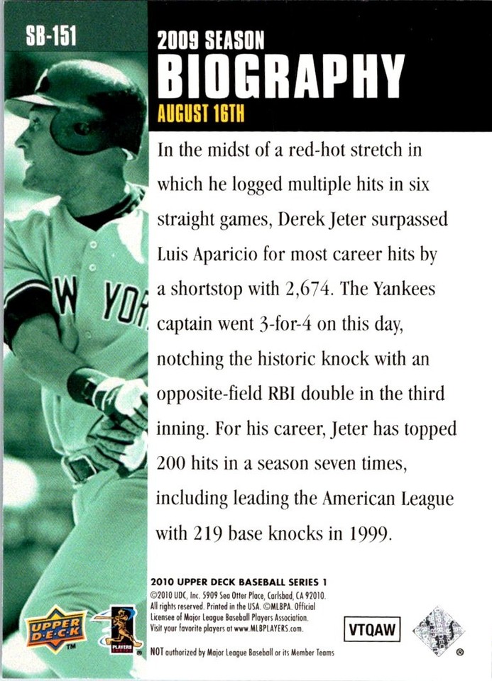 2010 Upper Deck #SB-151 Derek Jeter Season Biography | eBay