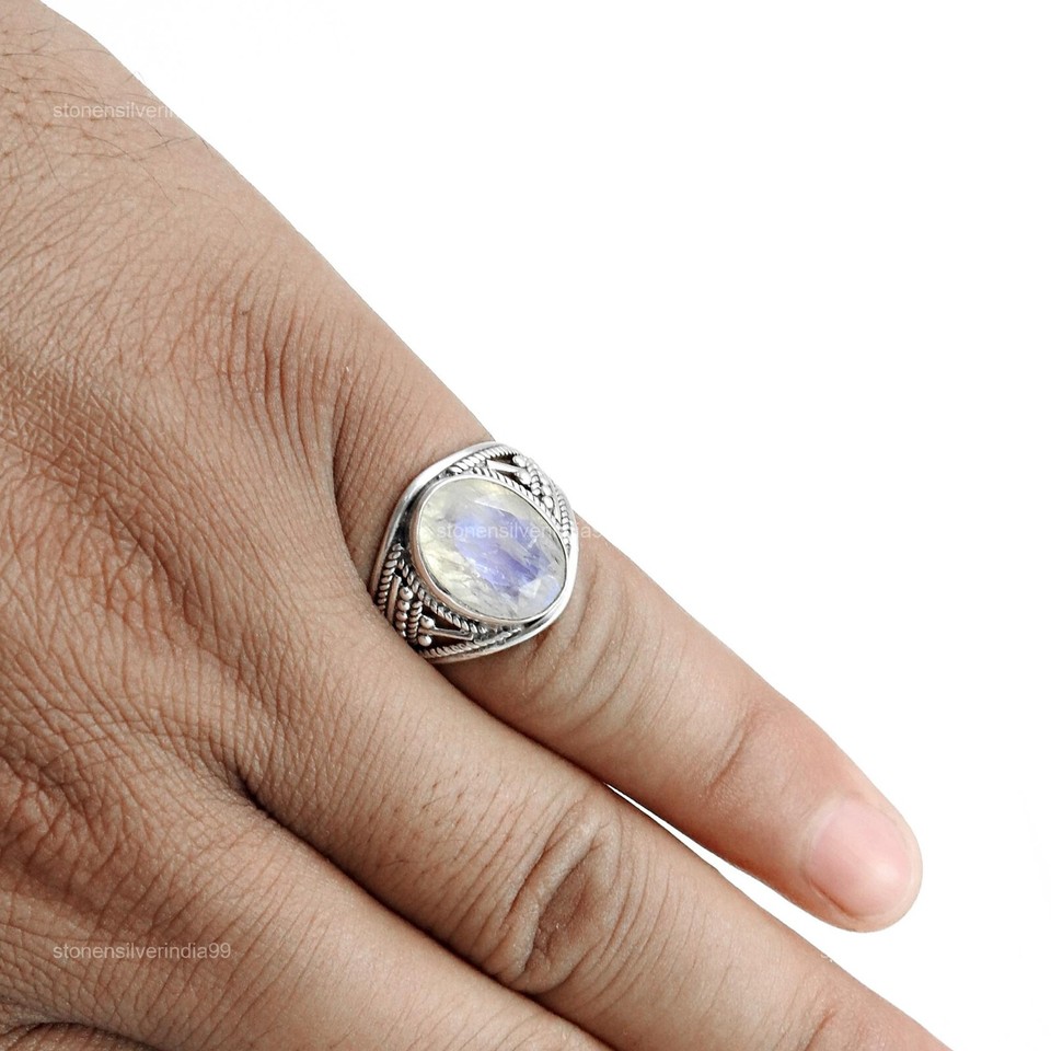 925 Solid Silver Rainbow Moonstone Gemstone Band Bezel Engagement Ring ...