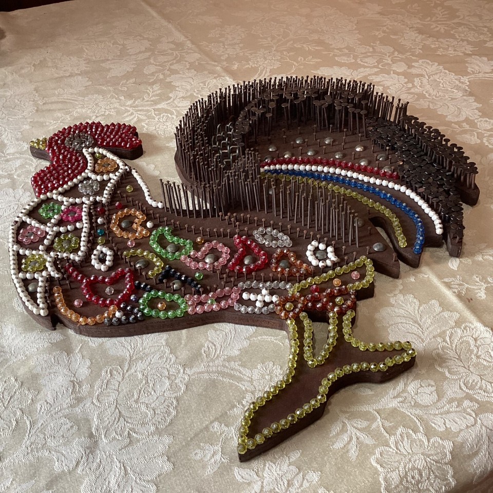 Vintage 18”x18” Folk Art Rooster Beadwork Nail Art Country Farmhouse ...
