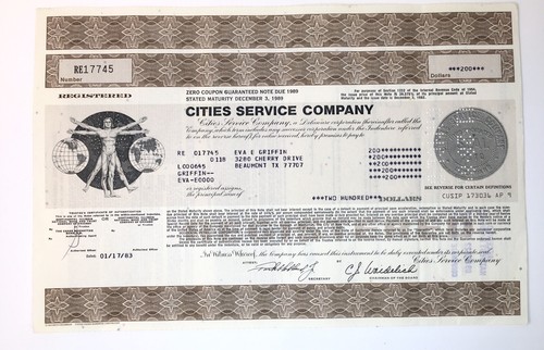 Cities Service Company - Original Note Certificate - 1989 -RE17745 200 ...