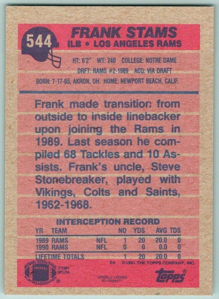 1991 TOPPS NFL Football Trading Card #544 - Frank Stams, Los Angeles ...