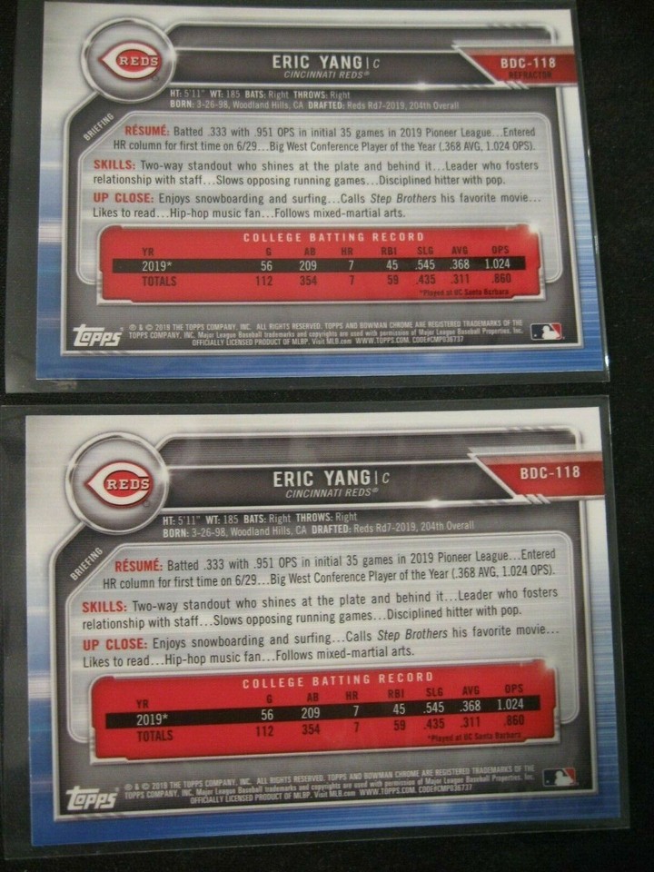 ERIC YANG 2-CARD LOT 2019 1st Bowman Chrome Draft Refractors/Base #BDC ...