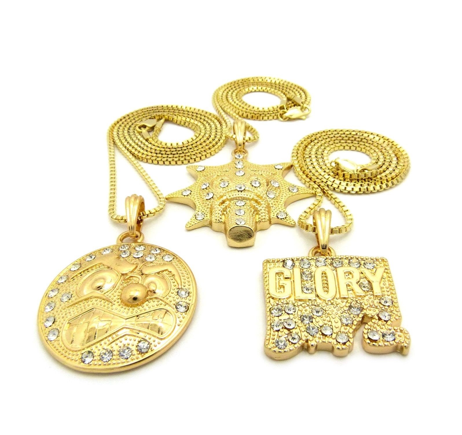 Set Of 3 Gold Glo Gang Glory Glow Pendant Rap Style Necklace Box Chain ...
