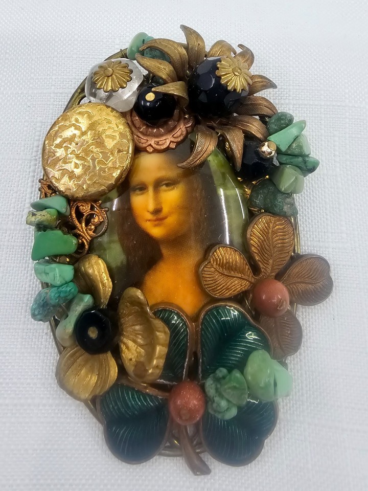 Signed Sarah Jane -“Mona Lisa” Portrait Brooch - Mixed Media – Rare ...