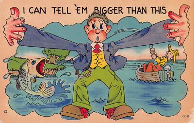 Vintage ORIGINAL Funny Humor Exaggerated Comedy Fishing Linen Postcard ...