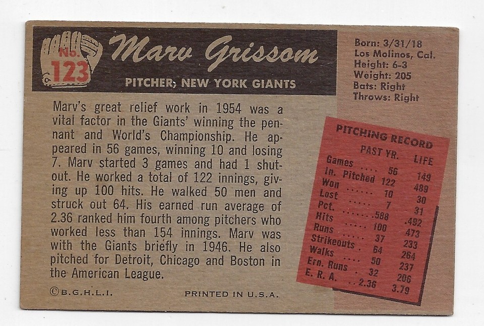Marv Grissom 1955 Bowman ML Baseball Trading Card # 123 Giants LB | eBay