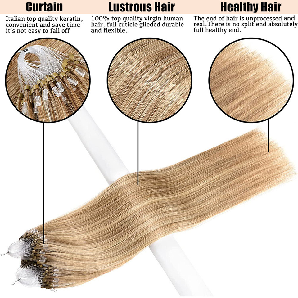 THICK 300S Micro Loop Ring 100% Remy Human Hair Extensions Nano Beads ...