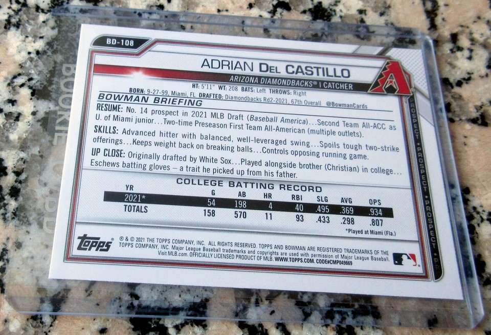 ADRIAN DEL CASTILLO 2021 Bowman 1st TRUE Rookie Card RC D-Backs Grand ...