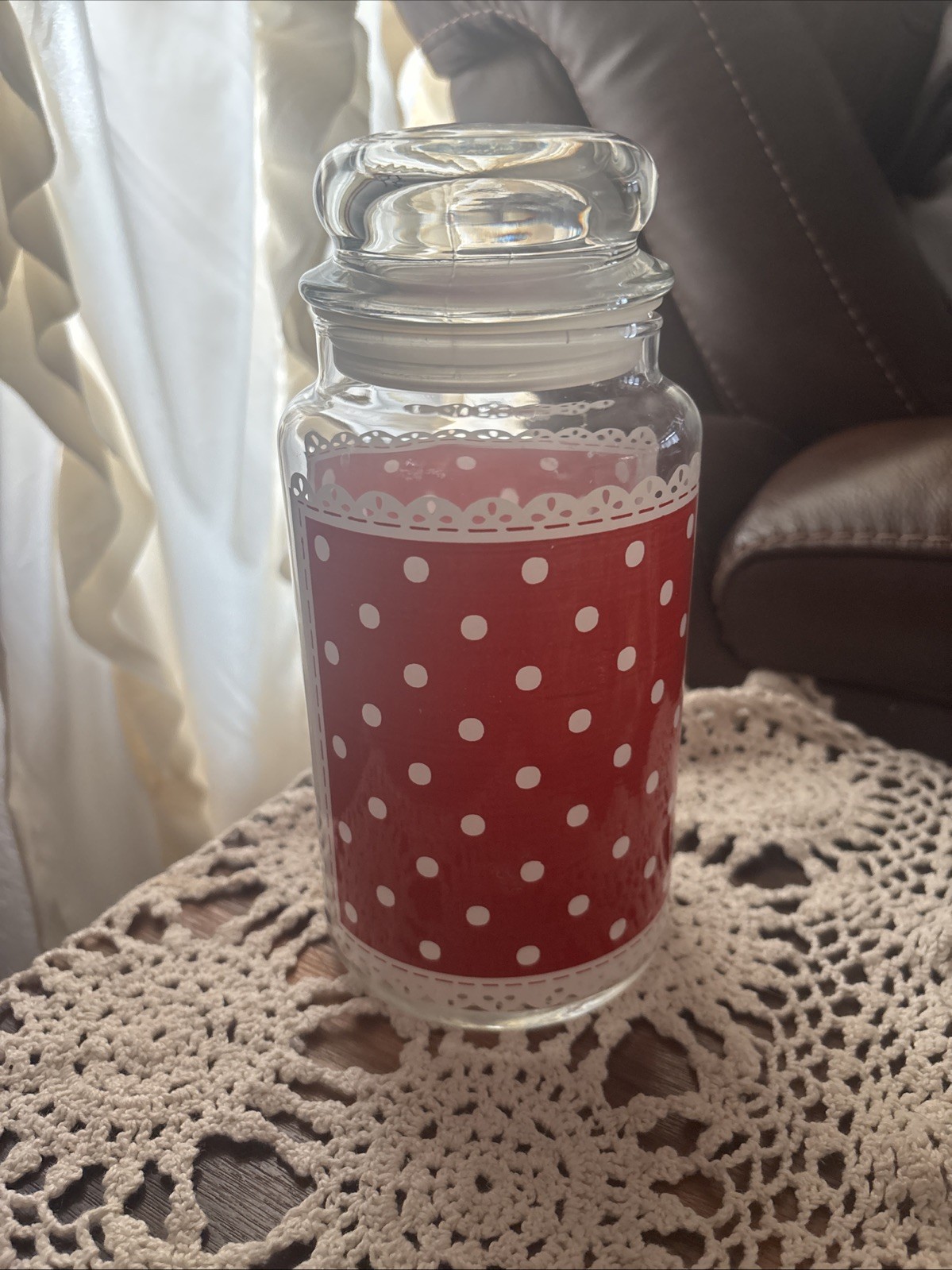 Vintage Jar Canister Red Polka Dot Lace USA Glass Storage 8” | eBay UK