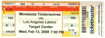 2008 MN TIMBERWOLVES vs LOS ANGELES LAKERS ticket KOBE BRYANT 29 points ...