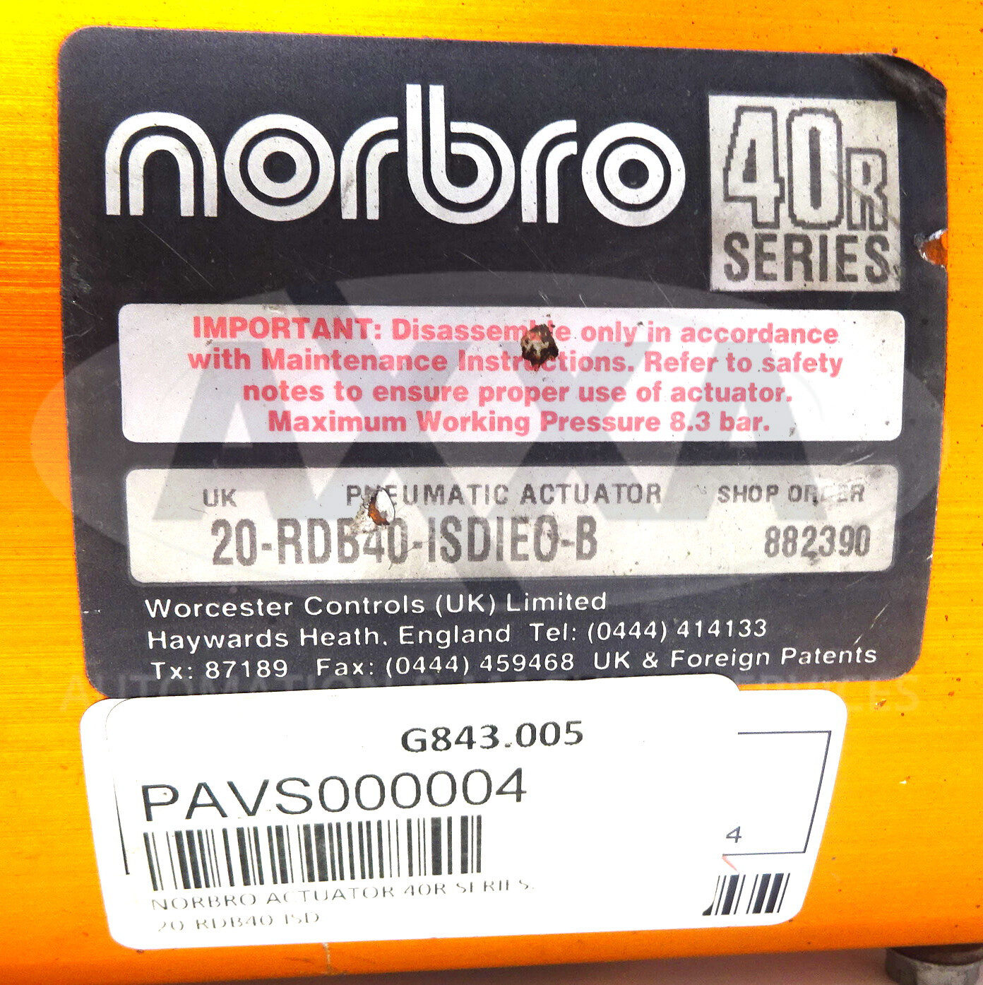 Pneumatic Actuator 20-RDB40-1SD1E0-B Norbro 20-RDB40-ISDIEO-B *Fitted ...