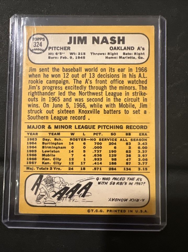 1968 Topps Baseball Card #324 Jim Nash - Low To Mid Grade - G/VG! | eBay