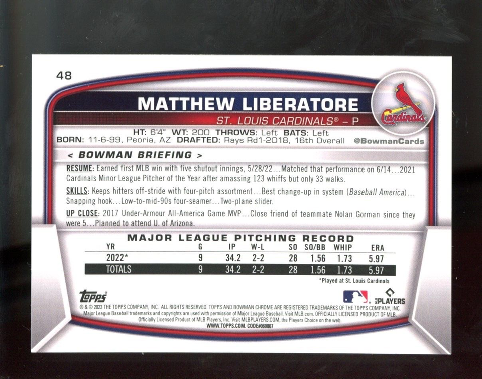 2023 Bowman Chrome Mega Box Matthew Liberatore #48 Purple Mojo /250 ...