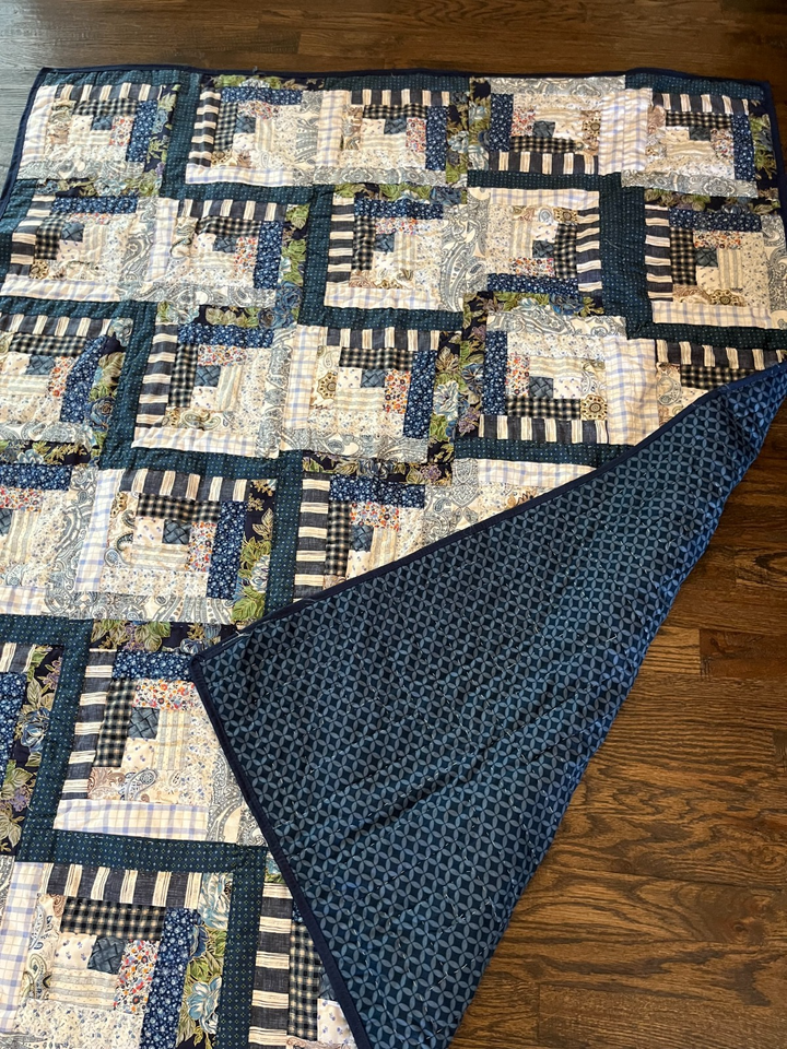 Various Blue and White Homemade Log Cabin Quilt - 59" x 49" - Hand ...