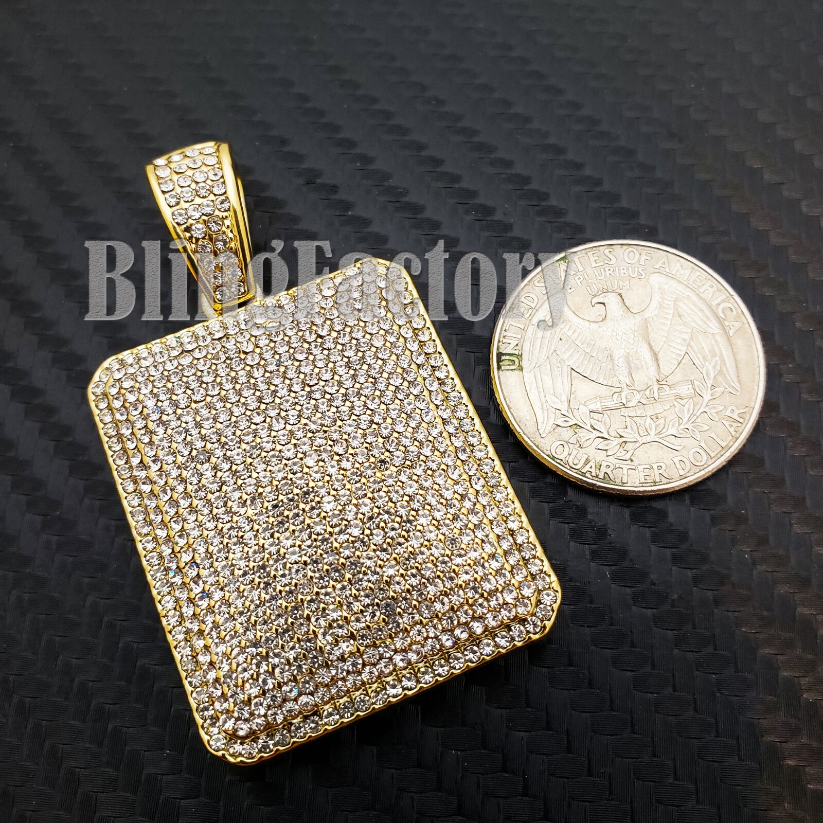 HIP HOP FULL ICED CUBIC ZIRCONIA GOLD PLATED BLING SQUARE DOG TAG CHARM ...