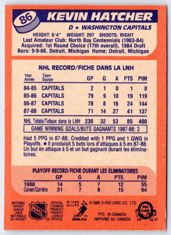 KEVIN HATCHER 1988-89 O-PEE-CHEE 88-89 NO 86 NRMINT+ 40861 | eBay