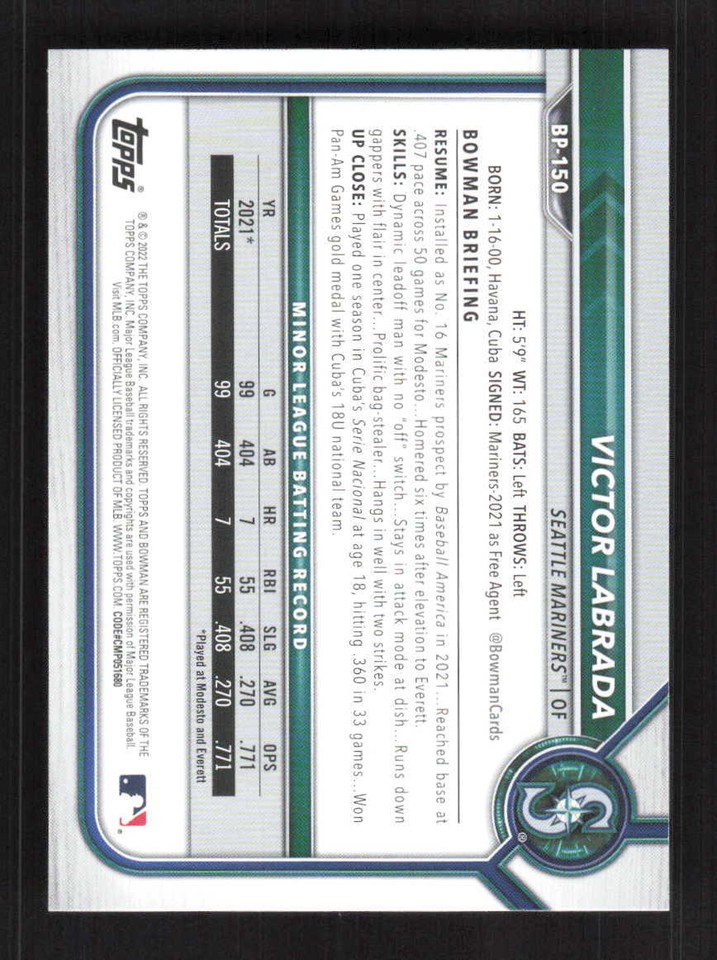 Victor Labrada 1st 2022 Bowman Prospects Seattle Mariners #BP-150 | eBay