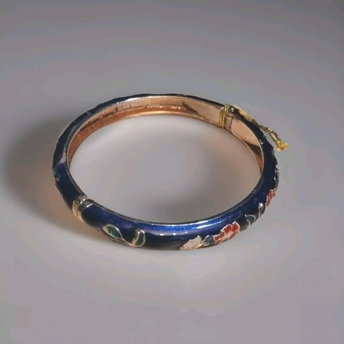 Blue with Cloisonne Jiu Long Xing Hinged BRACELET Enamel Signed Estate ...