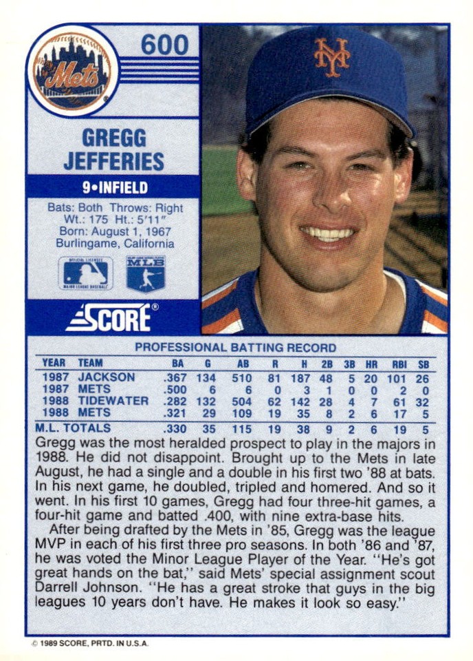 1989 Score #600 Gregg Jefferies | eBay