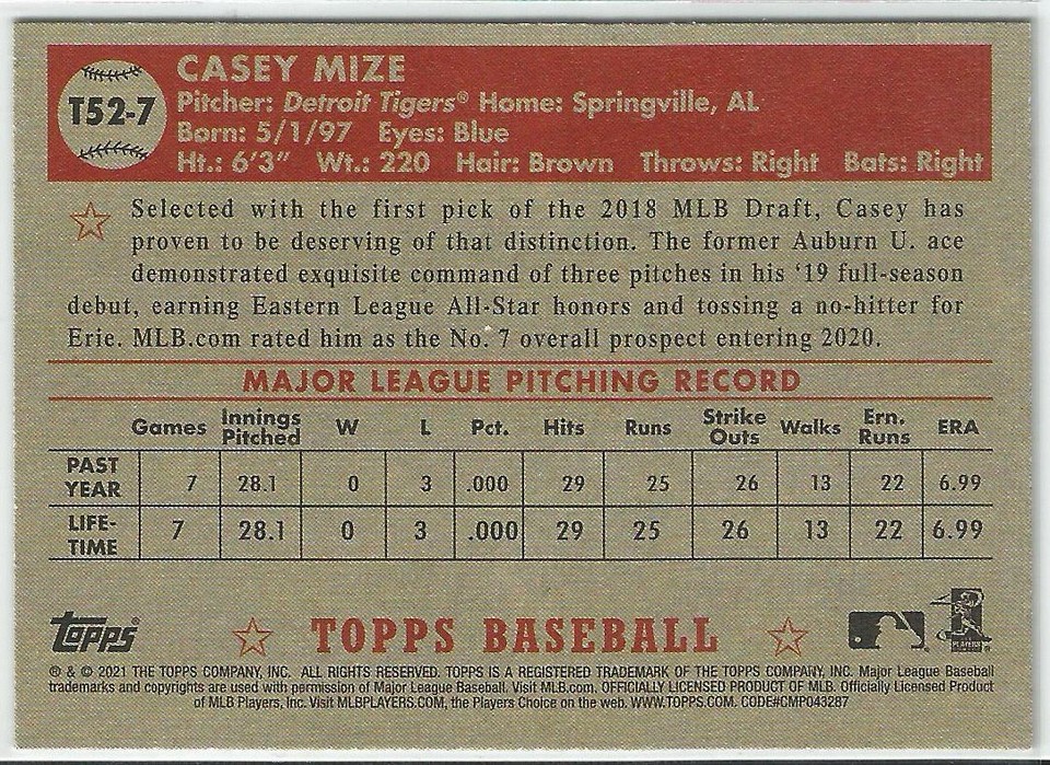 Casey Mize 2021 Topps Series 1 1952 Topps Redux Rookie Card #T52-7 | eBay