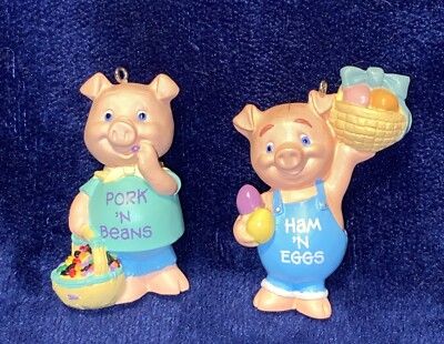 2 Hallmark Spring Easter Pig Piggy Pork N Beans Ham N Eggs Ornament Lot ...